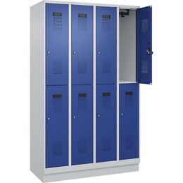 C+P Doppelstock-Spind Evolo PLUS, 4 Abteile, lichtgrau / enzianblau, B 1200 mm, mit Bodensockel, Zylinderschloss