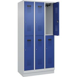 C+P Doppelstock-Spind Evolo PLUS, 3 Abteile, lichtgrau / enzianblau, B 900 mm, mit Bodensockel, Zylinderschloss