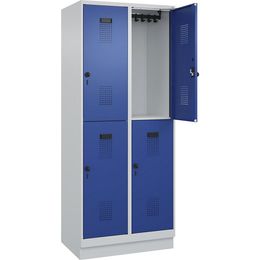 C+P Doppelstock-Spind Evolo PLUS, 2 Abteile, lichtgrau / enzianblau, B 800 mm, mit Bodensockel, Drehriegel
