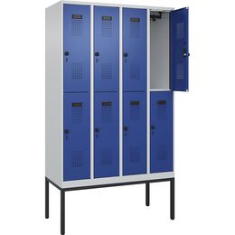 C+P Doppelstock-Spind Evolo PLUS, 4 Abteile, lichtgrau / enzianblau, B 1200 mm, mit schmalen Füßen, Drehriegel
