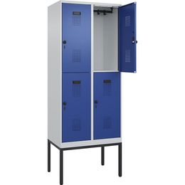 C+P Doppelstock-Spind Evolo PLUS, 2 Abteile, lichtgrau / enzianblau, B 800 mm, mit schmalen Füßen, Drehriegel