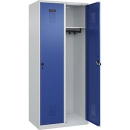 C+P Spind Evolo PLUS, 2 Abteile, lichtgrau / enzianblau, B 800 mm, mit Bodengleitern, Drehriegel