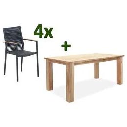 OUTFLEXX Theo Garten-Essgruppe, anthrazit/natur, Alu/Rope/FSC®/SLVK-Teakholz, Tisch 160x90 cm, 4x Dining Sessel