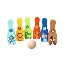 Tooky Toy Kegelspiel TH295 Holz 7-teilig, 6 bunte Kegel und 1 Kugel, Tiermotive bunt