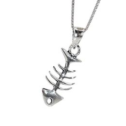 ELLAWIL Silberkette Kette mit Anhänger Fischgräten Skelett Anhänger Halskette Fischgräte (Kettenlänge 45 cm, Sterling Silber 925)