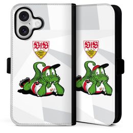 DeinDesign iPhone 16 Handy Klapph&uuml;lle Handyh&uuml;lle aus Kunst Leder schwarz Flip Case Vfb Stuttgart Mascot Official Licensed Product Sideflip mit Lasche