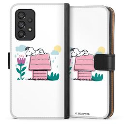 DeinDesign Galaxy A53 5G Handy Klapph&uuml;lle Handyh&uuml;lle aus Kunst Leder schwarz Flip Case Official Licensed Product Snoopy Dog Sideflip mit langer Lasche