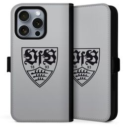 DeinDesign iPhone 16 Pro Max Handy Klapph&uuml;lle Handyh&uuml;lle aus Kunst Leder schwarz Flip Case Logo Official Licensed Product Vfb Stuttgart Sideflip mit Lasche