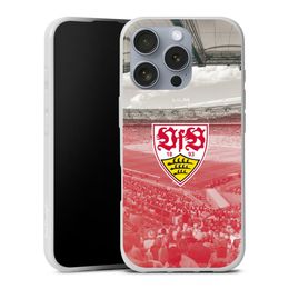 DeinDesign iPhone 16 Pro Handy Silikon H&uuml;lle Case wei&szlig; Handyh&uuml;lle Stadium Vfb Stuttgart Official Licensed Product Silikon Case