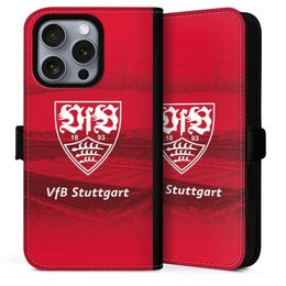 DeinDesign iPhone 16 Pro Max Handy Klapph&uuml;lle Handyh&uuml;lle aus Kunst Leder schwarz Flip Case Stadium Official Licensed Product Vfb Stuttgart Sideflip mit Lasche