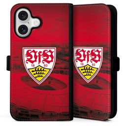DeinDesign iPhone 16 Handy Klapph&uuml;lle Handyh&uuml;lle aus Kunst Leder schwarz Flip Case Vfb Stuttgart Official Licensed Product Stadium Sideflip mit Lasche