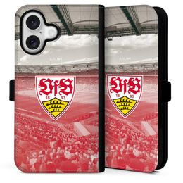 DeinDesign iPhone 16 Handy Klapph&uuml;lle Handyh&uuml;lle aus Kunst Leder schwarz Flip Case Stadium Vfb Stuttgart Official Licensed Product Sideflip mit Lasche