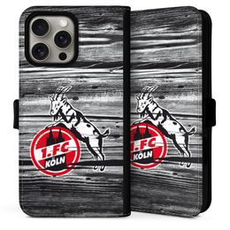 DeinDesign iPhone 16 Pro Handy Klapph&uuml;lle Handyh&uuml;lle aus Kunst Leder schwarz Flip Case 1. Fc K&ouml;ln Wooden Look Official Licensed Product Sideflip mit Lasche