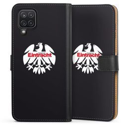 DeinDesign Galaxy A12 Handy Klapph&uuml;lle Handyh&uuml;lle aus Kunst Leder schwarz Flip Case Logo Retro Eagle Sideflip mit langer Lasche