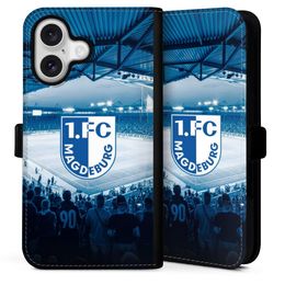 DeinDesign iPhone 16 Handy Klapph&uuml;lle Handyh&uuml;lle aus Kunst Leder schwarz Flip Case Stadium 1. Fcm 1. Fc Magdeburg Sideflip mit Lasche