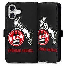 DeinDesign iPhone 16 Handy Klapph&uuml;lle Handyh&uuml;lle aus Kunst Leder schwarz Flip Case Official Licensed Product Transparent 1. Fc K&ouml;ln Sideflip mit Lasche