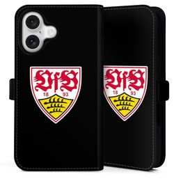 DeinDesign iPhone 16 Handy Klapph&uuml;lle Handyh&uuml;lle aus Kunst Leder schwarz Flip Case Vfb Stuttgart Coat Of Arms Official Licensed Product Sideflip mit Lasche