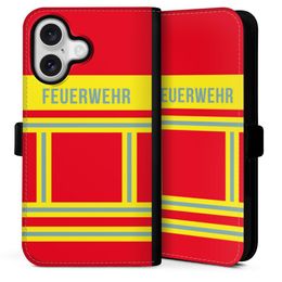 DeinDesign iPhone 16 Handy Klapph&uuml;lle Handyh&uuml;lle aus Kunst Leder schwarz Flip Case Fire Fighters Life Saver Fire Fighter Sideflip mit Lasche