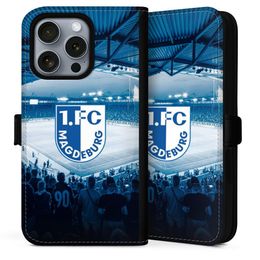 DeinDesign iPhone 16 Pro Max Handy Klapph&uuml;lle Handyh&uuml;lle aus Kunst Leder schwarz Flip Case Stadium 1. Fcm 1. Fc Magdeburg Sideflip mit Lasche