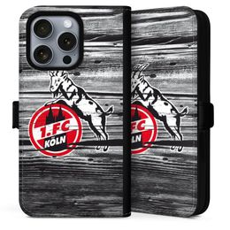 DeinDesign iPhone 16 Pro Max Handy Klapph&uuml;lle Handyh&uuml;lle aus Kunst Leder schwarz Flip Case 1. Fc K&ouml;ln Wooden Look Official Licensed Product Sideflip mit Lasche