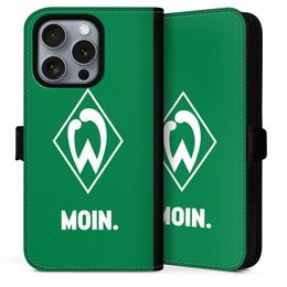 DeinDesign iPhone 16 Pro Max Handy Klapph&uuml;lle Handyh&uuml;lle aus Kunst Leder schwarz Flip Case Moin Official Licensed Product Sv Werder Bremen Sideflip mit Lasche