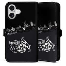 DeinDesign iPhone 16 Handy Klapph&uuml;lle Handyh&uuml;lle aus Kunst Leder schwarz Flip Case Skyline Official Licensed Product 1. Fc K&ouml;ln Sideflip mit Lasche