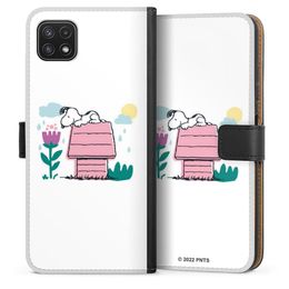 DeinDesign Galaxy A22 5G Handy Klapph&uuml;lle Handyh&uuml;lle aus Kunst Leder schwarz Flip Case Snoopy Dog Official Licensed Product Sideflip mit langer Lasche