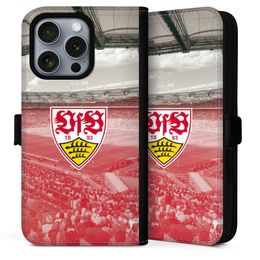 DeinDesign iPhone 16 Pro Max Handy Klapph&uuml;lle Handyh&uuml;lle aus Kunst Leder schwarz Flip Case Stadium Vfb Stuttgart Official Licensed Product Sideflip mit Lasche