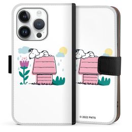 DeinDesign iPhone 14 Pro Handy Klapph&uuml;lle Handyh&uuml;lle aus Kunst Leder schwarz Flip Case Snoopy Dog Official Licensed Product Sideflip mit langer Lasche