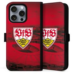 DeinDesign iPhone 16 Pro Max Handy Klapph&uuml;lle Handyh&uuml;lle aus Kunst Leder schwarz Flip Case Vfb Stuttgart Official Licensed Product Stadium Sideflip mit Lasche