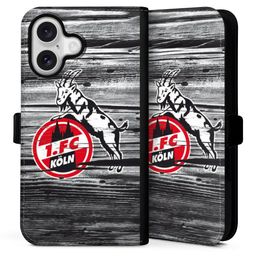 DeinDesign iPhone 16 Handy Klapph&uuml;lle Handyh&uuml;lle aus Kunst Leder schwarz Flip Case 1. Fc K&ouml;ln Wooden Look Official Licensed Product Sideflip mit Lasche