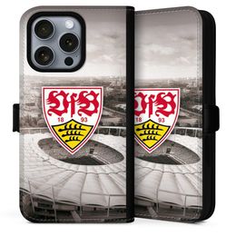DeinDesign iPhone 16 Pro Max Handy Klapph&uuml;lle Handyh&uuml;lle aus Kunst Leder schwarz Flip Case Official Licensed Product Vfb Stuttgart Stadium Sideflip mit Lasche