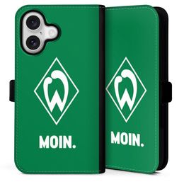 DeinDesign iPhone 16 Handy Klapph&uuml;lle Handyh&uuml;lle aus Kunst Leder schwarz Flip Case Moin Official Licensed Product Sv Werder Bremen Sideflip mit Lasche