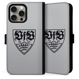 DeinDesign iPhone 16 Pro Handy Klapph&uuml;lle Handyh&uuml;lle aus Kunst Leder schwarz Flip Case Logo Official Licensed Product Vfb Stuttgart Sideflip mit Lasche