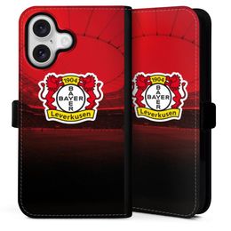 DeinDesign iPhone 16 Handy Klapph&uuml;lle Handyh&uuml;lle aus Kunst Leder schwarz Flip Case Bayer 04 Leverkusen Official Licensed Product Stadium Sideflip mit Lasche