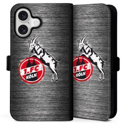 DeinDesign iPhone 16 Handy Klapph&uuml;lle Handyh&uuml;lle aus Kunst Leder schwarz Flip Case Official Licensed Product Metallic Look 1. Fc K&ouml;ln Sideflip mit Lasche