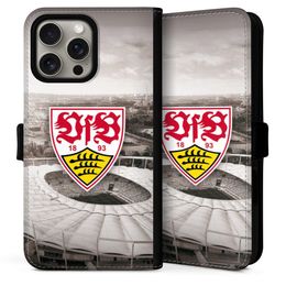 DeinDesign iPhone 16 Pro Handy Klapph&uuml;lle Handyh&uuml;lle aus Kunst Leder schwarz Flip Case Official Licensed Product Vfb Stuttgart Stadium Sideflip mit Lasche