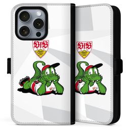 DeinDesign iPhone 16 Pro Max Handy Klapph&uuml;lle Handyh&uuml;lle aus Kunst Leder schwarz Flip Case Vfb Stuttgart Mascot Official Licensed Product Sideflip mit Lasche
