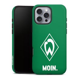 DeinDesign iPhone 16 Pro Max Handy Panzer Handyh&uuml;lle robuste Outdoor H&uuml;lle Schutzh&uuml;lle gl&auml;nzend Moin Official Licensed Product Sv Werder Bremen Tough Case
