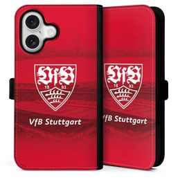 DeinDesign iPhone 16 Handy Klapph&uuml;lle Handyh&uuml;lle aus Kunst Leder schwarz Flip Case Stadium Official Licensed Product Vfb Stuttgart Sideflip mit Lasche