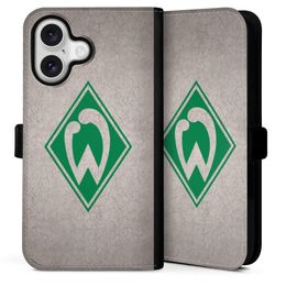 DeinDesign iPhone 16 Handy Klapph&uuml;lle Handyh&uuml;lle aus Kunst Leder schwarz Flip Case Concrete Official Licensed Product Sv Werder Bremen Sideflip mit Lasche