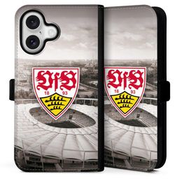 DeinDesign iPhone 16 Handy Klapph&uuml;lle Handyh&uuml;lle aus Kunst Leder schwarz Flip Case Official Licensed Product Vfb Stuttgart Stadium Sideflip mit Lasche