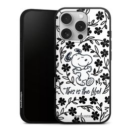DeinDesign iPhone 16 Pro Handy Premium Silikon H&uuml;lle Handyh&uuml;lle schwarz Case Peanuts Flowers Snoopy Silikon Premium Case