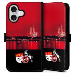 DeinDesign iPhone 16 Handy Klapph&uuml;lle Handyh&uuml;lle aus Kunst Leder schwarz Flip Case 1. Fc K&ouml;ln Skyline Official Licensed Product Sideflip mit Lasche