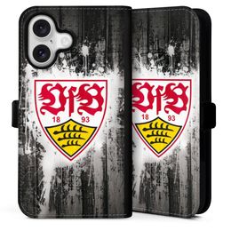 DeinDesign iPhone 16 Handy Klapph&uuml;lle Handyh&uuml;lle aus Kunst Leder schwarz Flip Case Official Licensed Product Vfb Stuttgart Bundesliga Sideflip mit Lasche