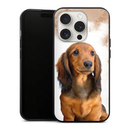 DeinDesign iPhone 15 Pro Handy Slim Case extra d&uuml;nn Silikon Handyh&uuml;lle schwarz H&uuml;lle Pet Dachshund Dog Silikon Slim Case