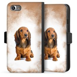 DeinDesign iPhone SE (2020) Handy Klapph&uuml;lle Handyh&uuml;lle aus Kunst Leder schwarz Flip Case Dog Dachshund Pet Sideflip mit Lasche