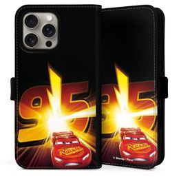 DeinDesign iPhone 16 Pro Handy Klapph&uuml;lle Handyh&uuml;lle aus Kunst Leder schwarz Flip Case Official Licensed Product Cars Lightning Mcqueen 95 Sideflip mit Lasche