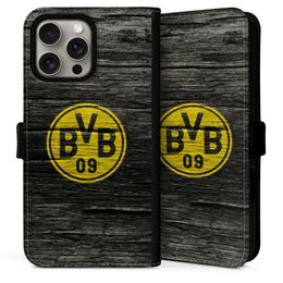 DeinDesign iPhone 16 Pro Handy Klapph&uuml;lle Handyh&uuml;lle aus Kunst Leder schwarz Flip Case Wooden Look Bvb Borussia Dortmund Sideflip mit Lasche