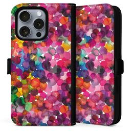 DeinDesign iPhone 16 Pro Max Handy Klapph&uuml;lle Handyh&uuml;lle aus Kunst Leder schwarz Flip Case Water Colour Colourful Points Sideflip mit Lasche